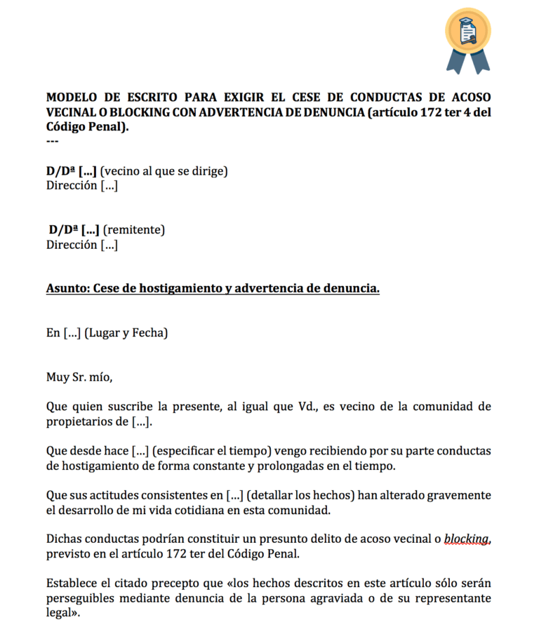 Modelo De Escrito Por Acoso Vecinal O Blocking 6015